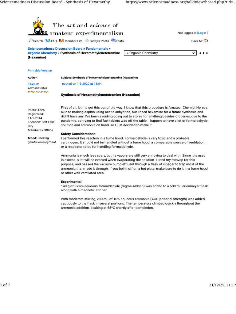 Hexamine Synthesis from Formaldehyde | PDF | Ammonia | Organic Synthesis