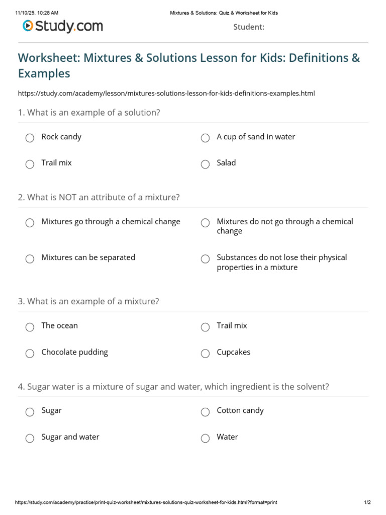 Mixtures & Solutions_ Quiz & Worksheet for Kids | PDF | Mixture ...