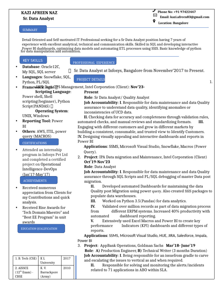 CV - Data Analyst - Kazi Afreen Naz | PDF | Scripting Language | Sql