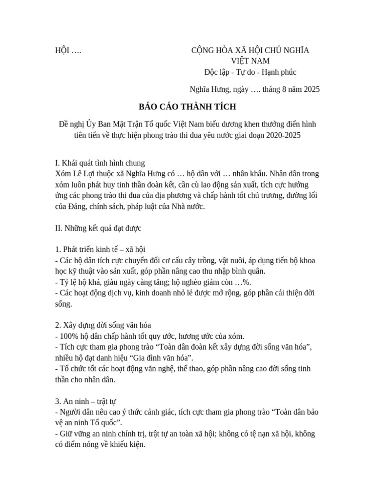 Bao Cao Thanh Tich Xom Le Loi TNR | PDF