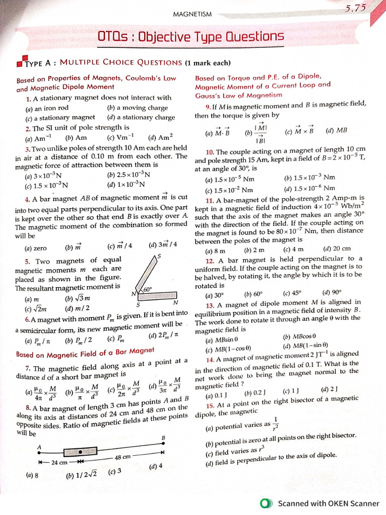 MCQs Magnetism and Matter | PDF