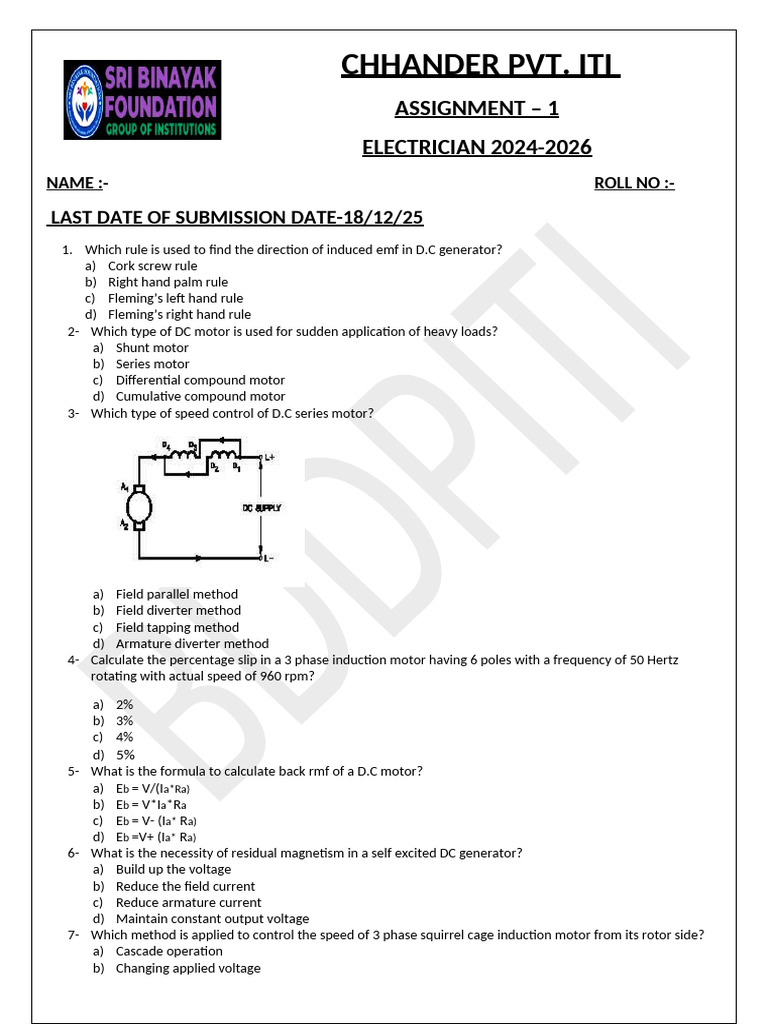 Electrician Assignment Questions 2024-2026 | PDF | Electric Motor ...