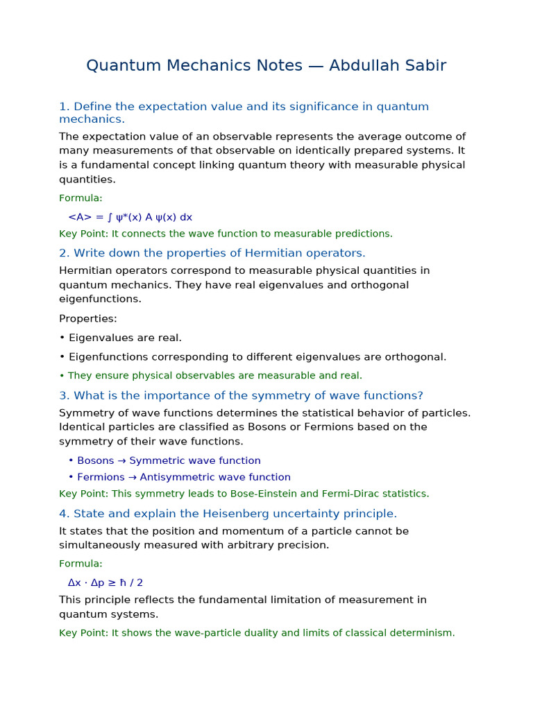 Quantum Mechanics Book Notes | PDF