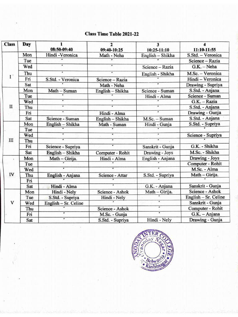 Class Time Table I-V | PDF