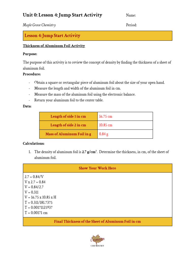 Aluminum Foil Thickness Lab Activity | PDF