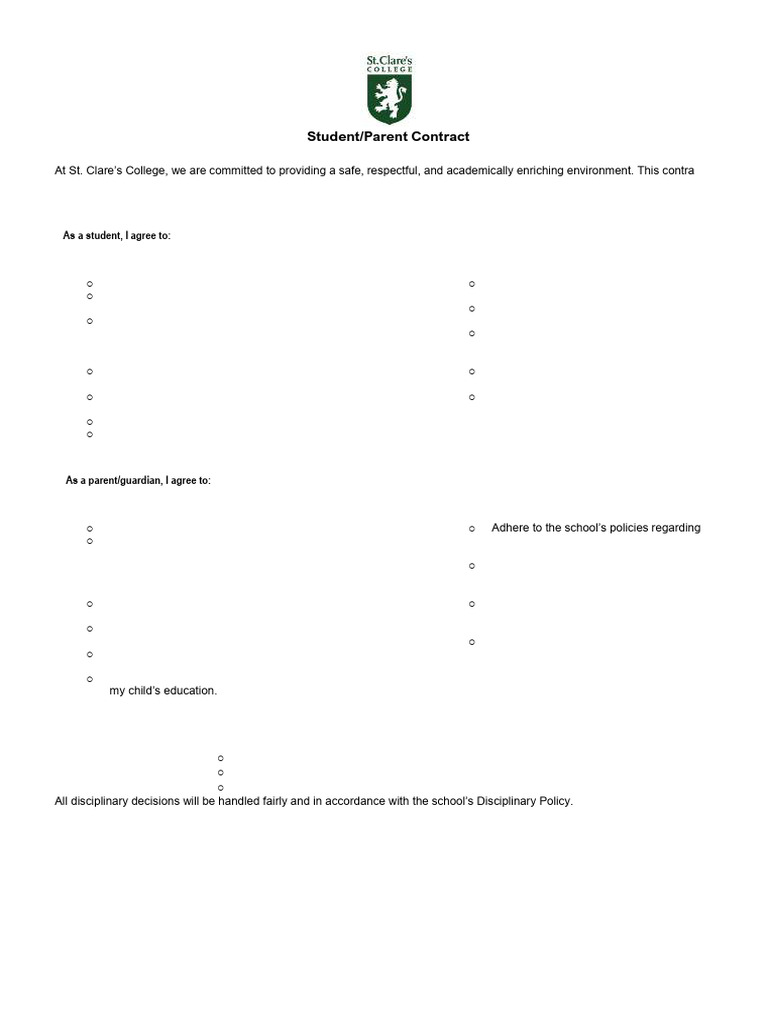 St. Clare’s College Student-Parent Contract | PDF
