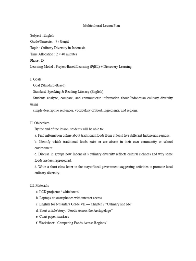 Culinary Diversity Lesson Plan for 7th Grade | PDF | Lesson Plan | Learning