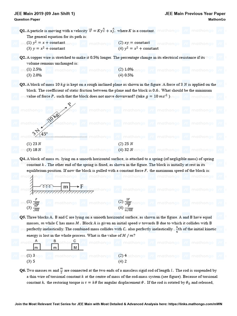 JEE Main 2019 (09 Jan Shift 1) Previous Year Paper With Answer Keys ...