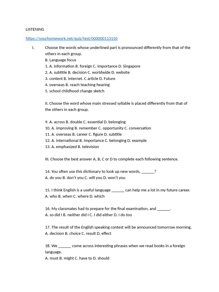 English Listening Quiz Practice | PDF | English Language | Linguistics