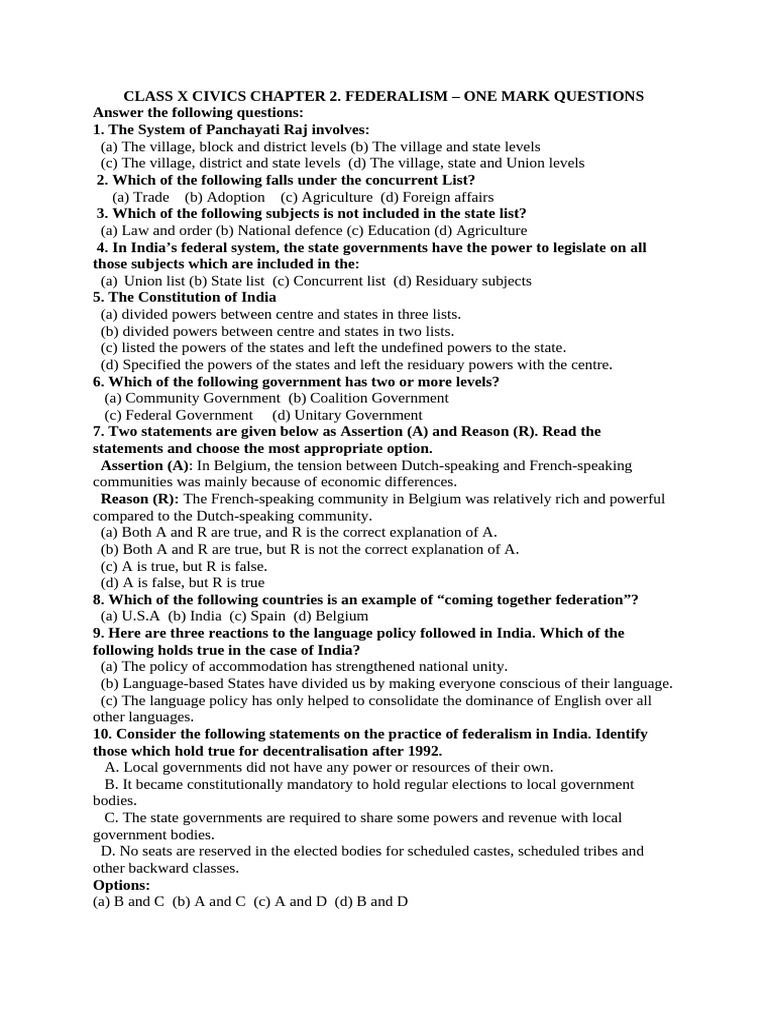 Class X Federalism MCQ Worksheet - Slow Bloomers | PDF | Government