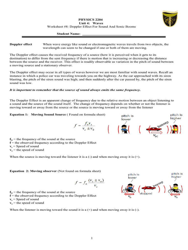 Doppler Effect and Sonic Booms Worksheet | PDF | Doppler Effect | Sound