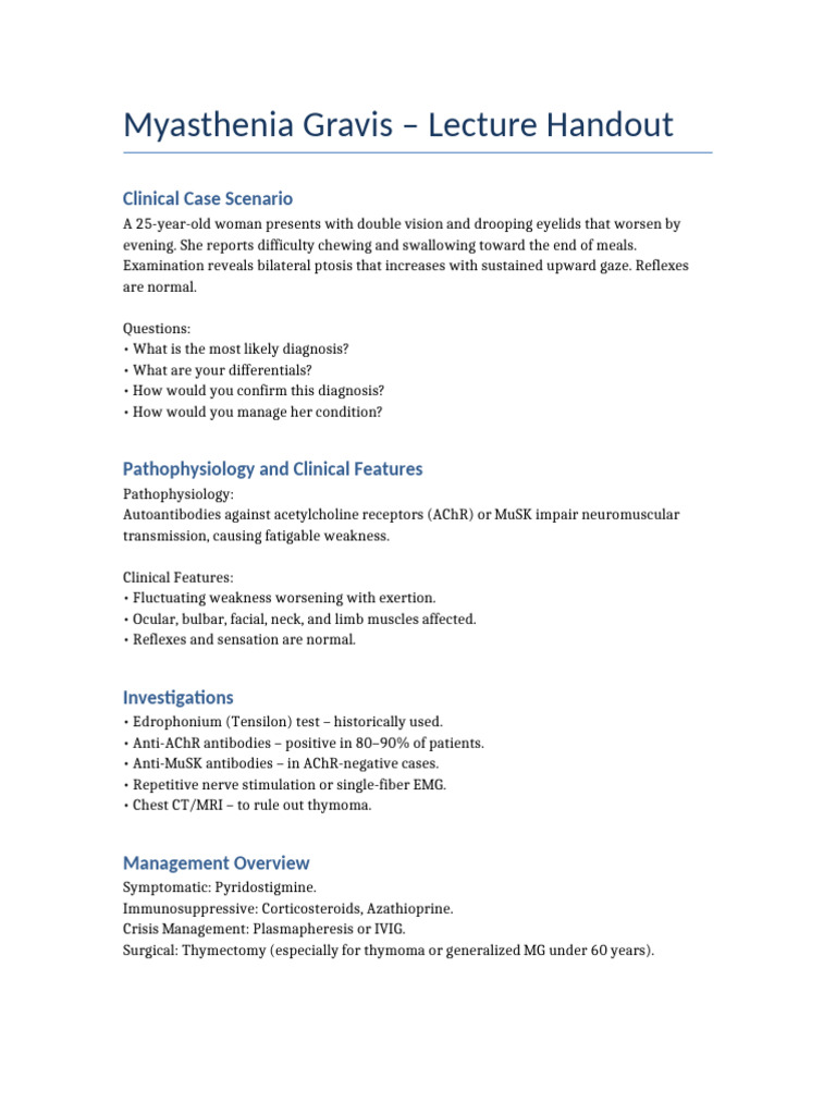Myasthenia Gravis Handout | PDF | Diseases And Disorders | Neurological ...