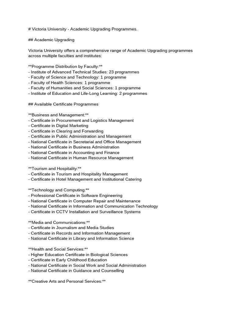 Victoria University - Academic Upgrading Programmes | PDF