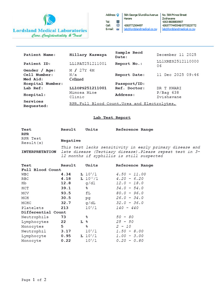 Lab Test Report for Hillary Kaswaya | PDF | Diseases And Disorders ...