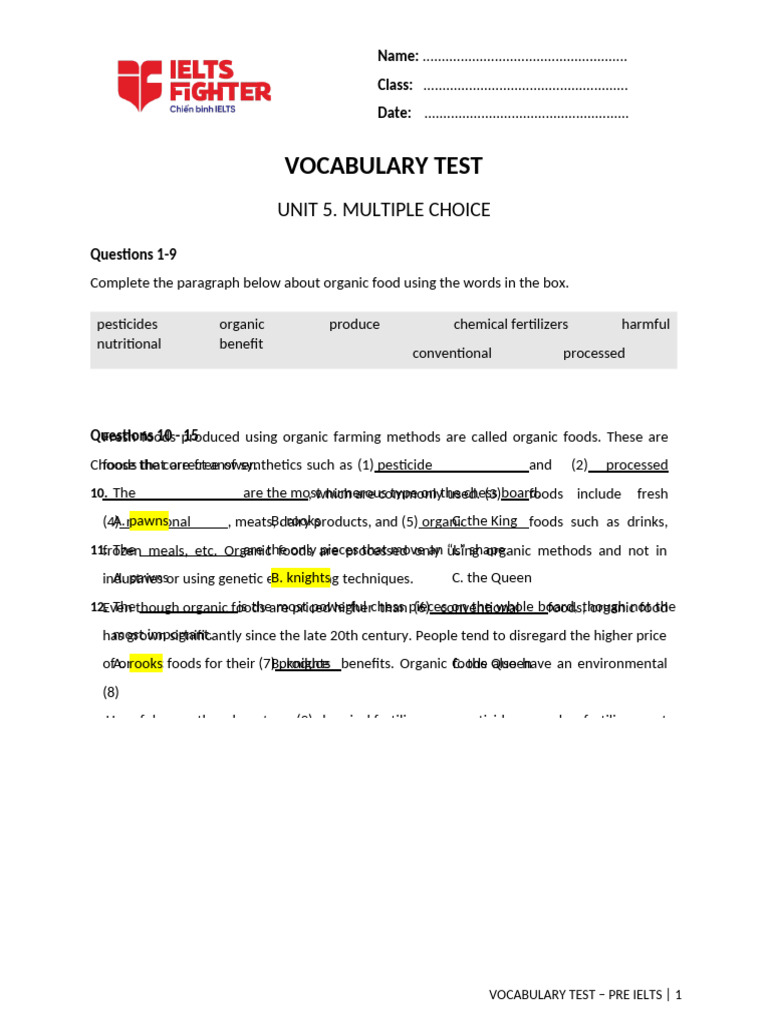Nguyễn Đăng Khoa - Vocab Test 16. Unit 5. Reading. Multiple Choice ...