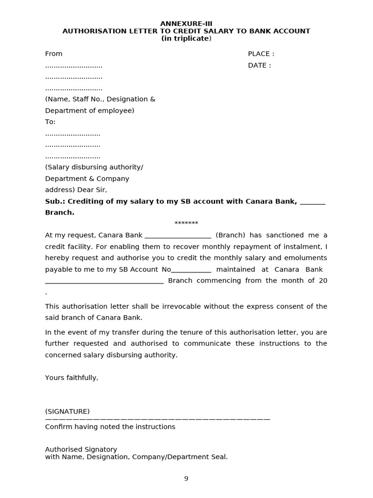 Salary Credit Authorization Letter | PDF