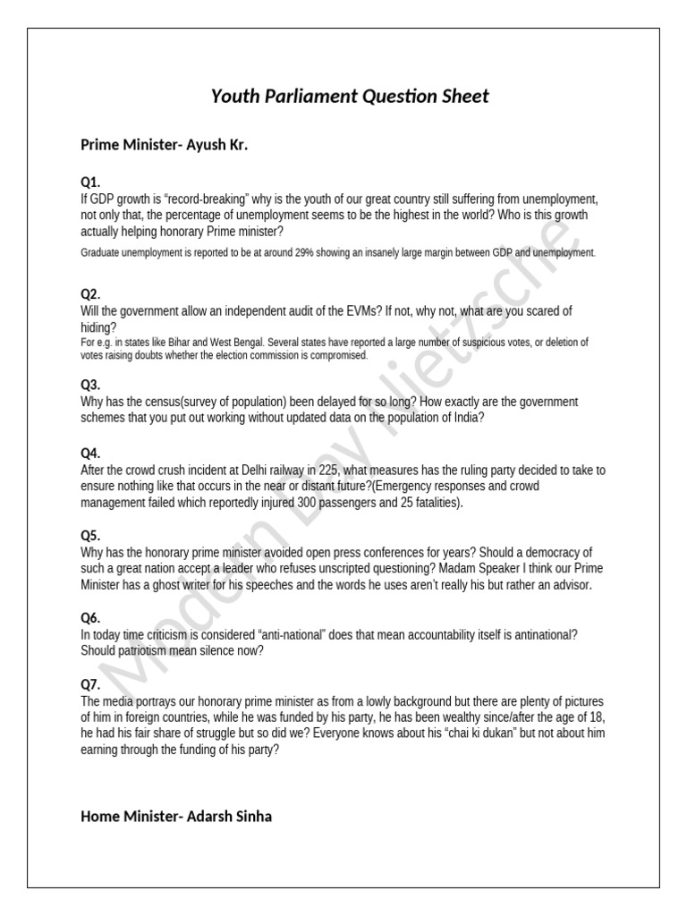 Youth Parliament Question Sheet | PDF | Unemployment | Economies