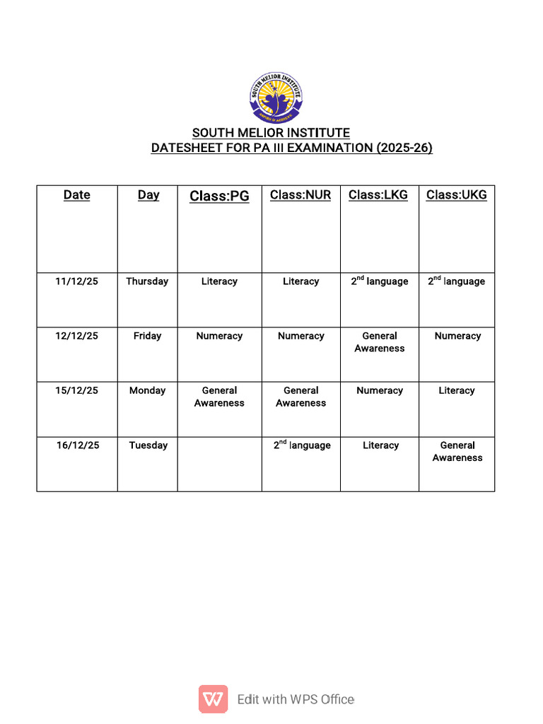 South Melior Institute PA III Exam Datesheet | PDF | Science | Inquiry