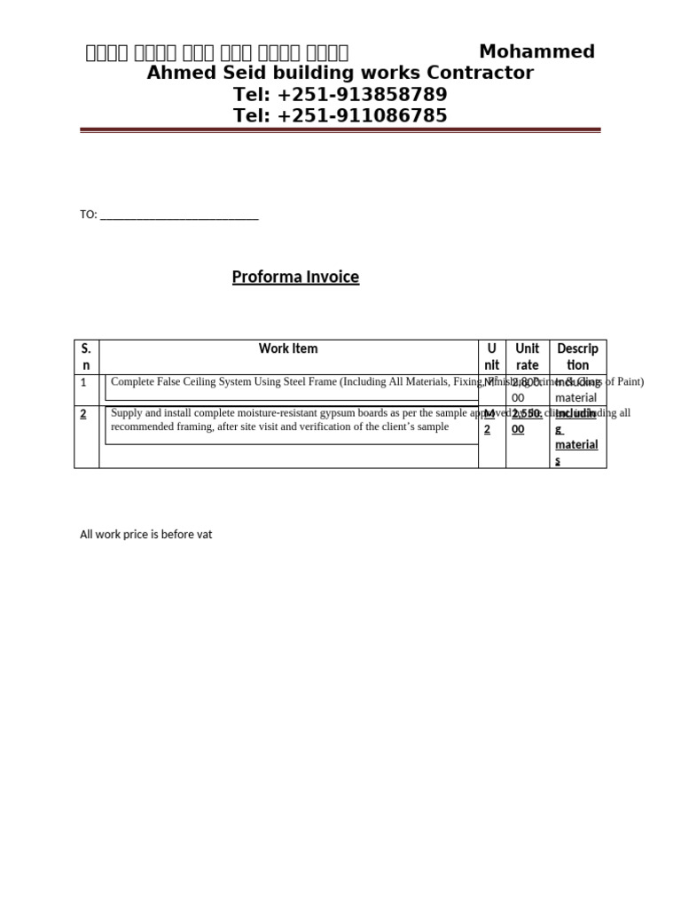 Proforma Invoice for Building Works | PDF