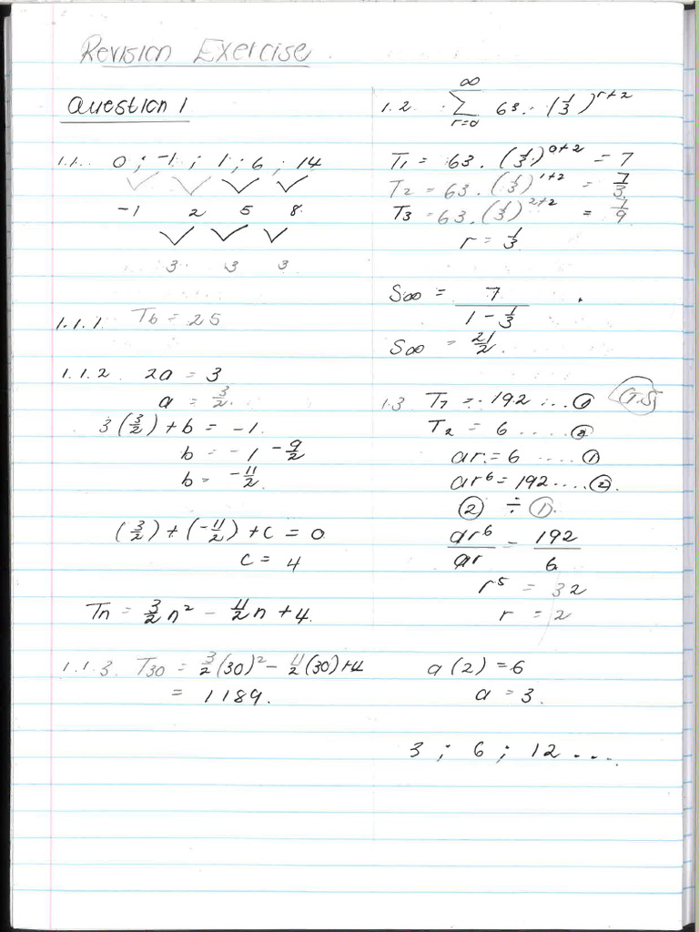 Sequences and Series Exercise 1 - Memo | PDF