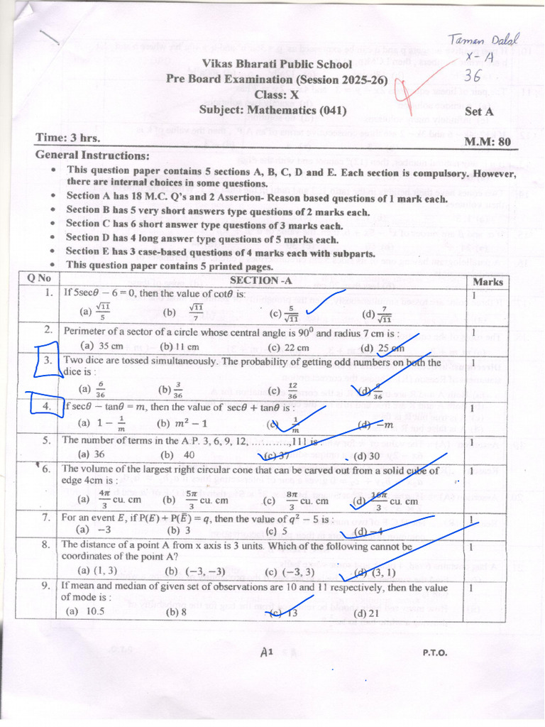 (QP) Class X Maths Pre Board (Vikas Bharati School, Delhi) 2025-26 | PDF