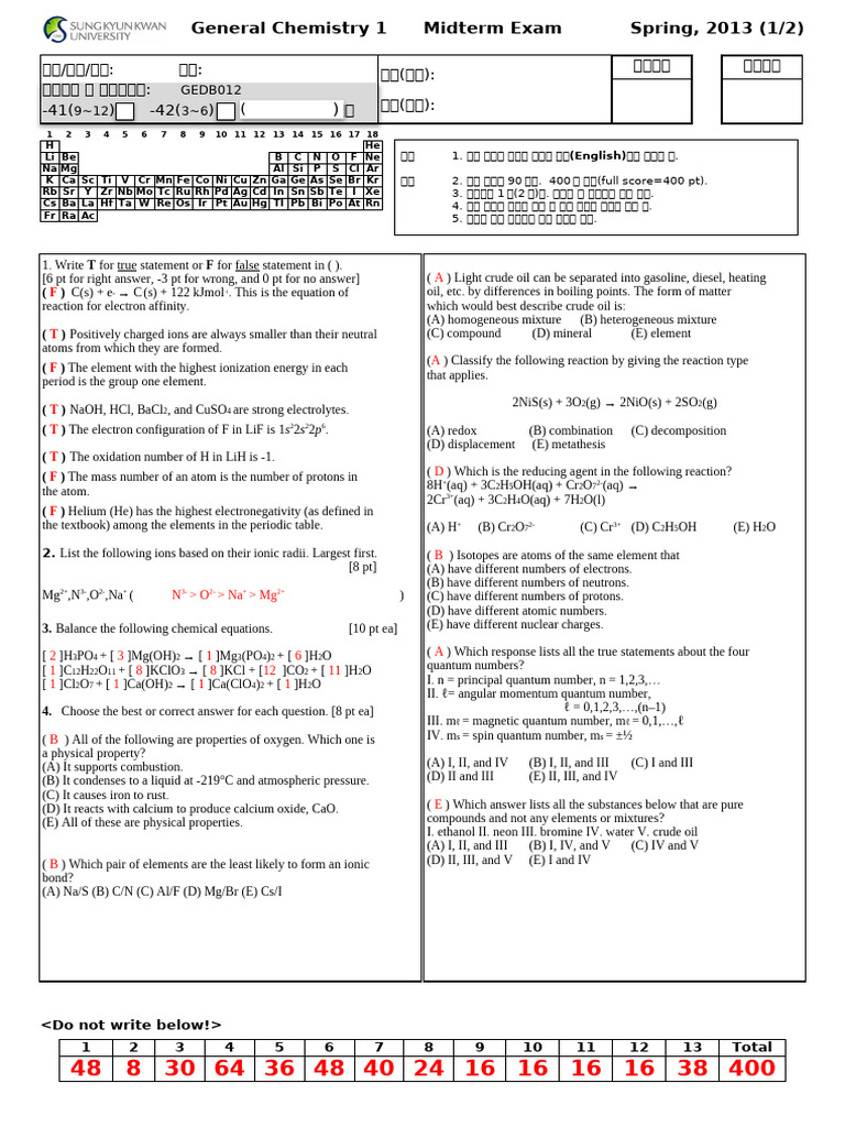 General Chemistry 1 - Mid Term Exam - 2013 | PDF | Magnesium | Chemical ...