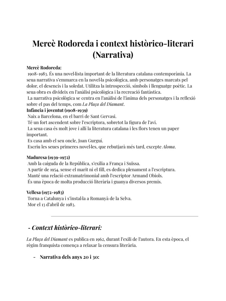 Mercè Rodoreda I Context Històrico-Literari (Narrativa) | PDF