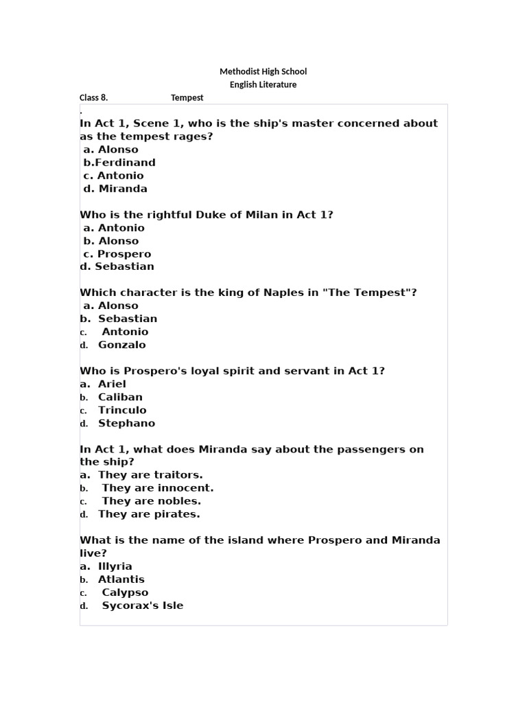 "The Tempest Act 1 Quiz for Class 8" | PDF