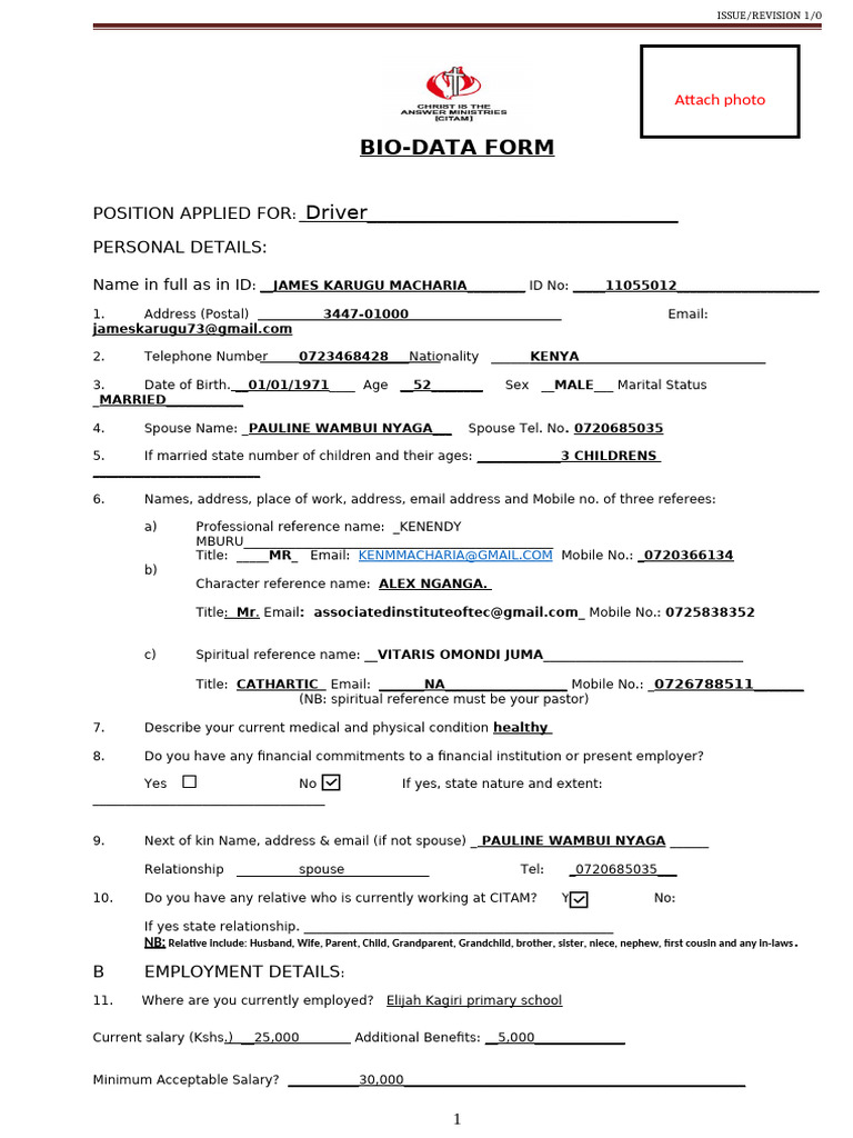 Bio Data Form-regular (Driver) (Autosaved) | PDF | Born Again ...