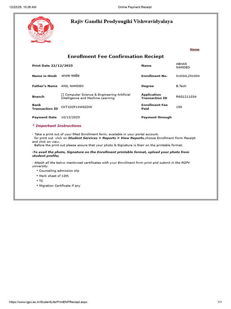 RGPV Enrollment Fee Confirmation Receipt | PDF | Receipt