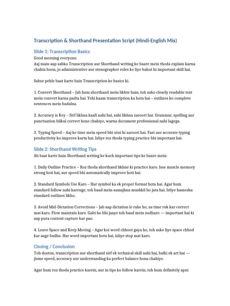 Transcription Shorthand Presentation Script | PDF