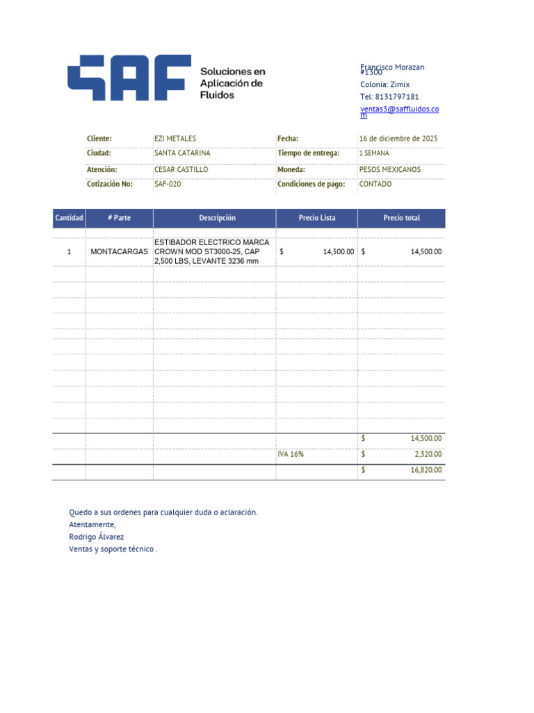 Cot-020 Renta Estibador Electrico Ezi Metales Planta Vi | PDF
