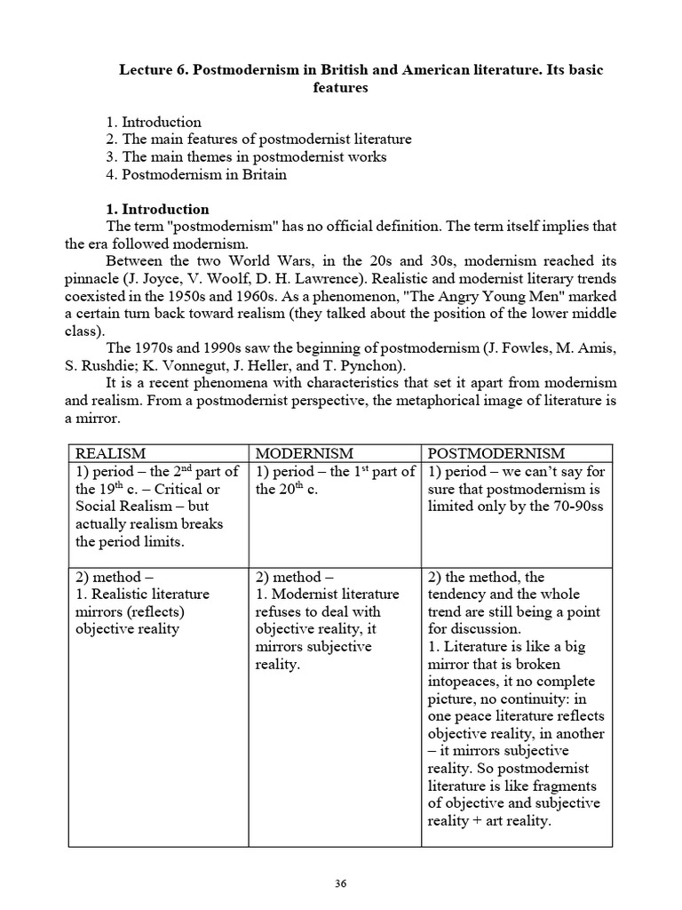 Lecture 6 Postmodernism in British and American Literature Its Basic ...