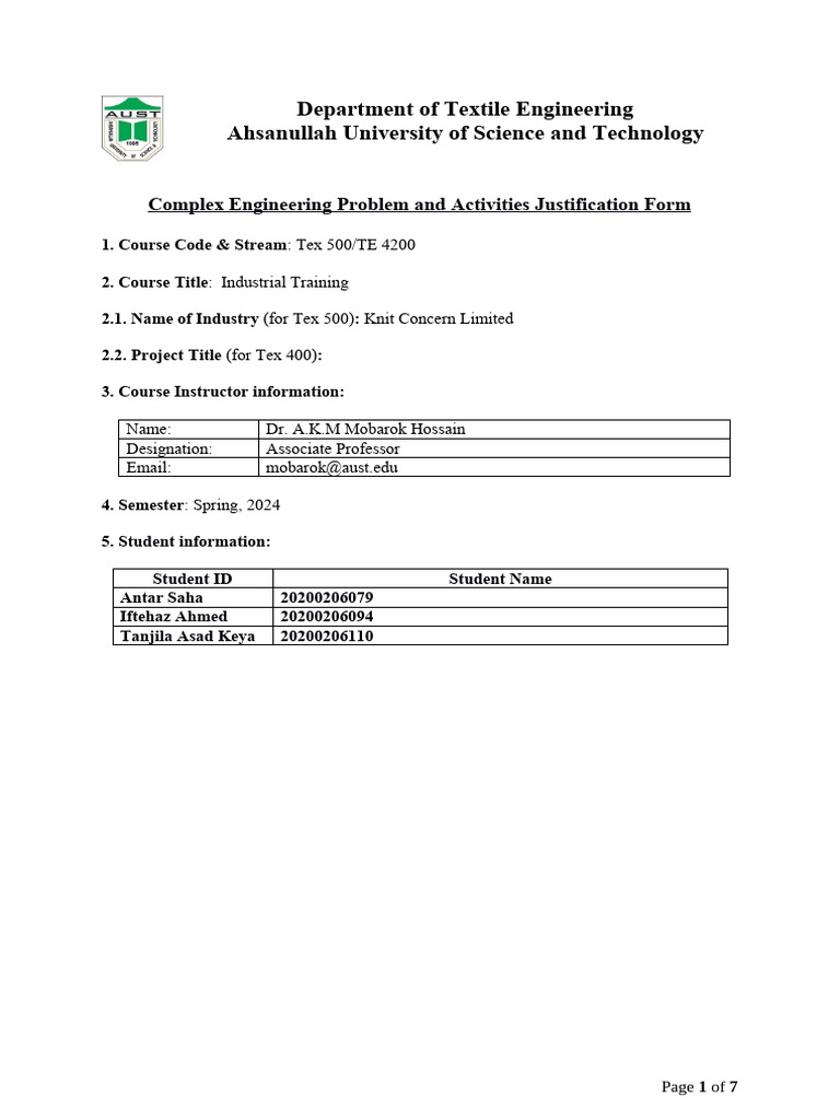 Complex Engineering Problem and Activities Justification Form (Antar ...