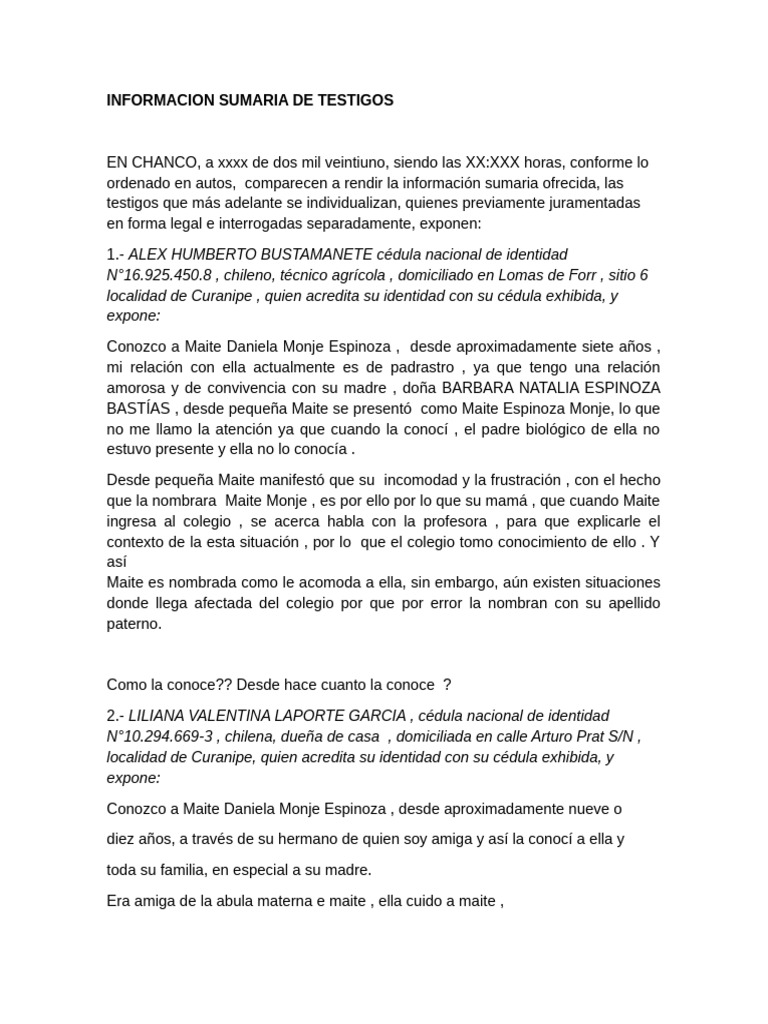 Información Sumaria de Testigo | PDF