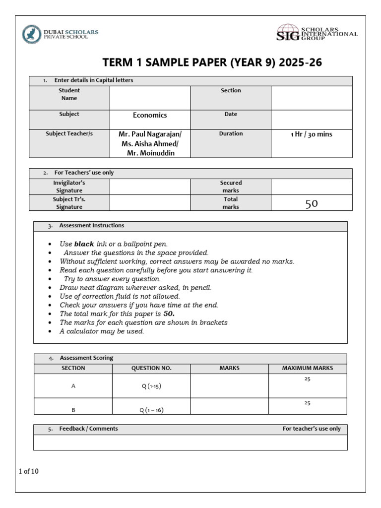 Year 9 Economics Sample Paper 2025-26 | PDF | Demand | Demand Curve