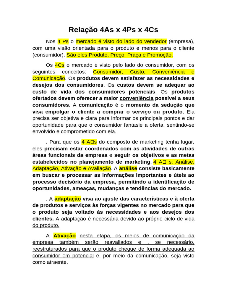 Relação entre 4As, 4Ps e 4Cs no Marketing | PDF