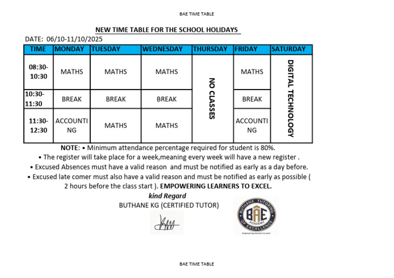 Time Table For Term 4 Holidays | PDF
