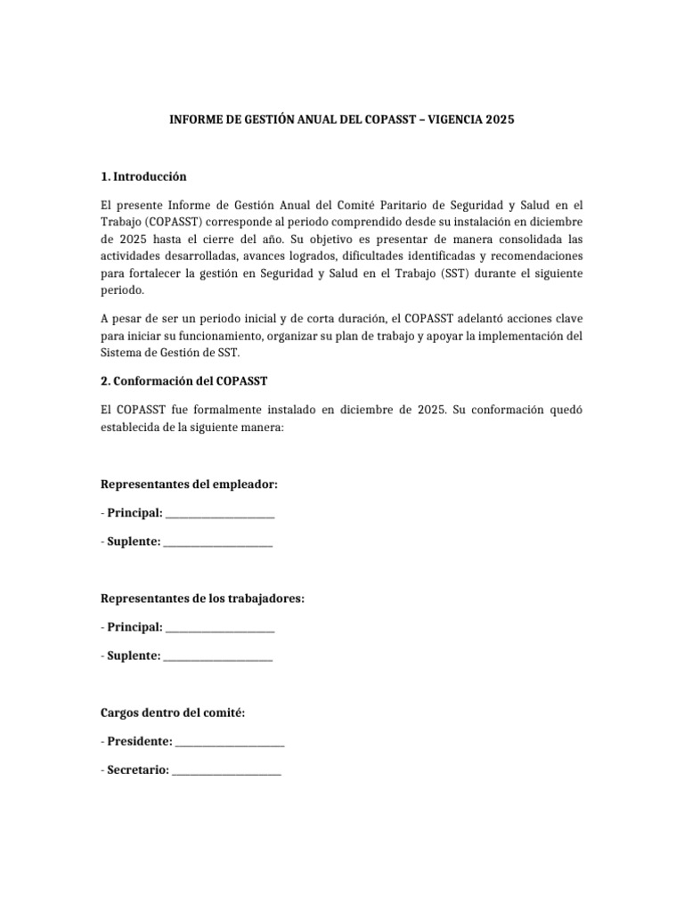Informe Anual COPASST 2025: Logros y Retos | PDF
