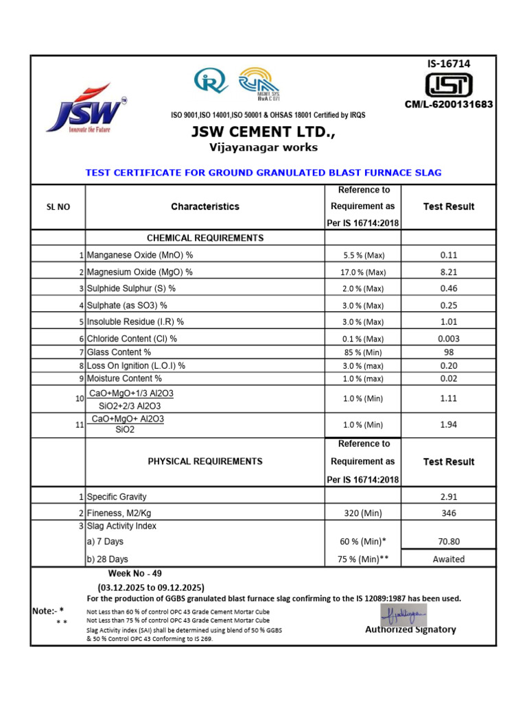 Ggbs Test Certificate Week No-49 | PDF | Chemical Elements | Materials