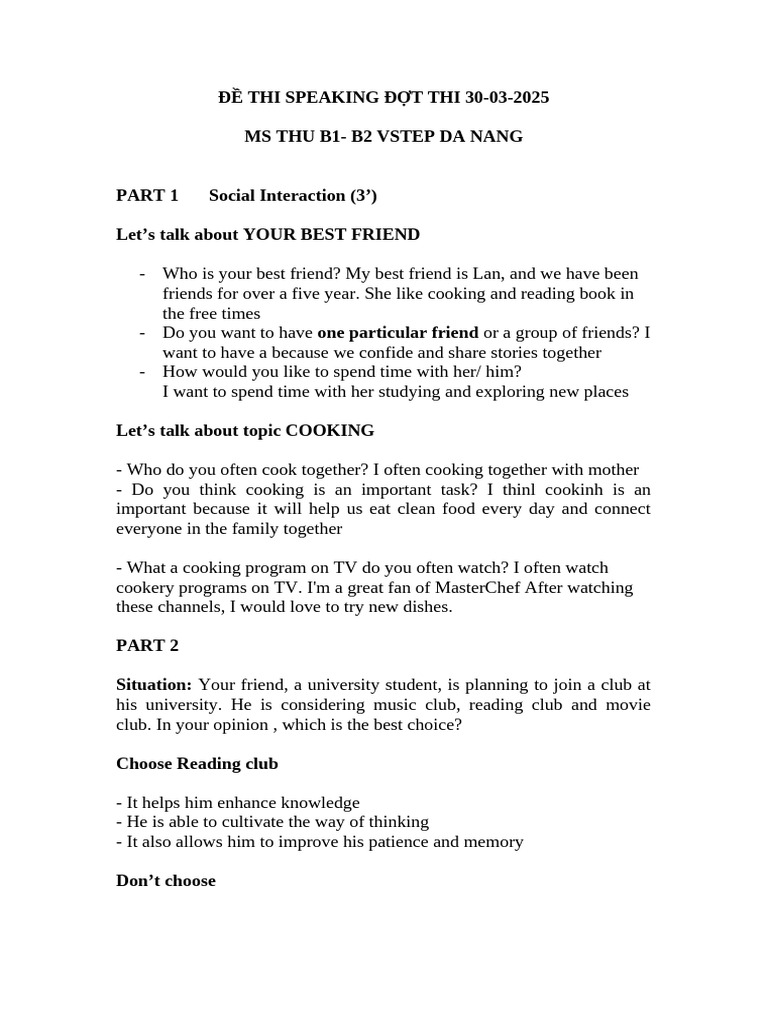 Speaking Exam Guide: Cooking & Friends | PDF | Meal | Chef