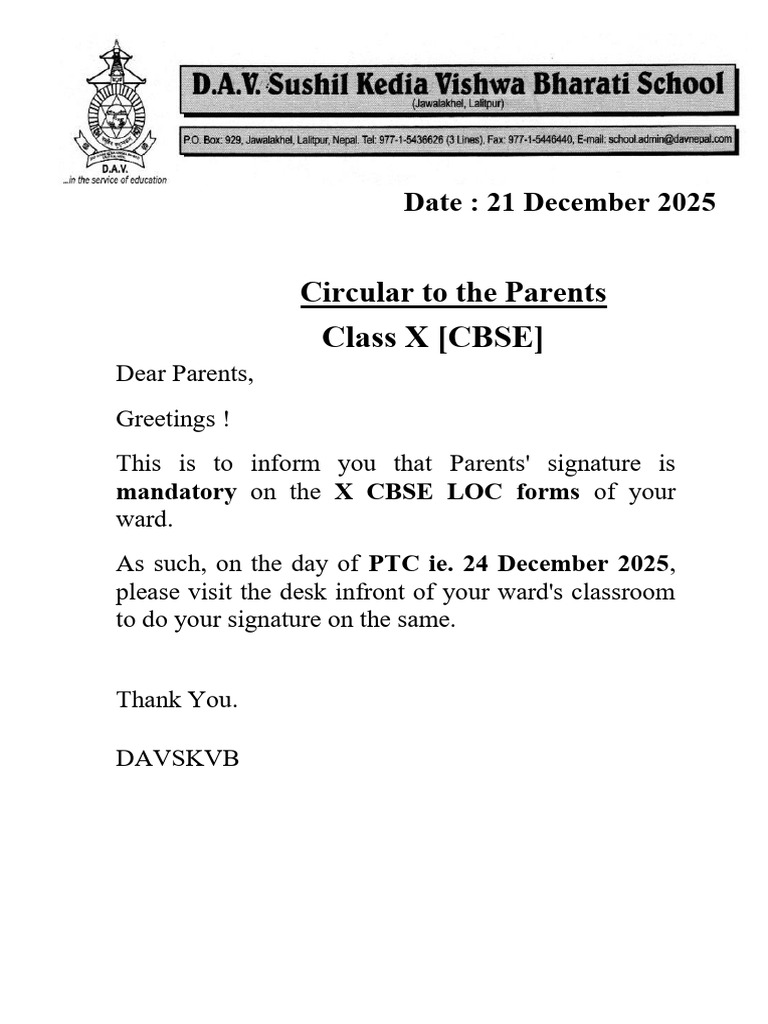 Circular For The Parents For LOC Form X CBSE | PDF