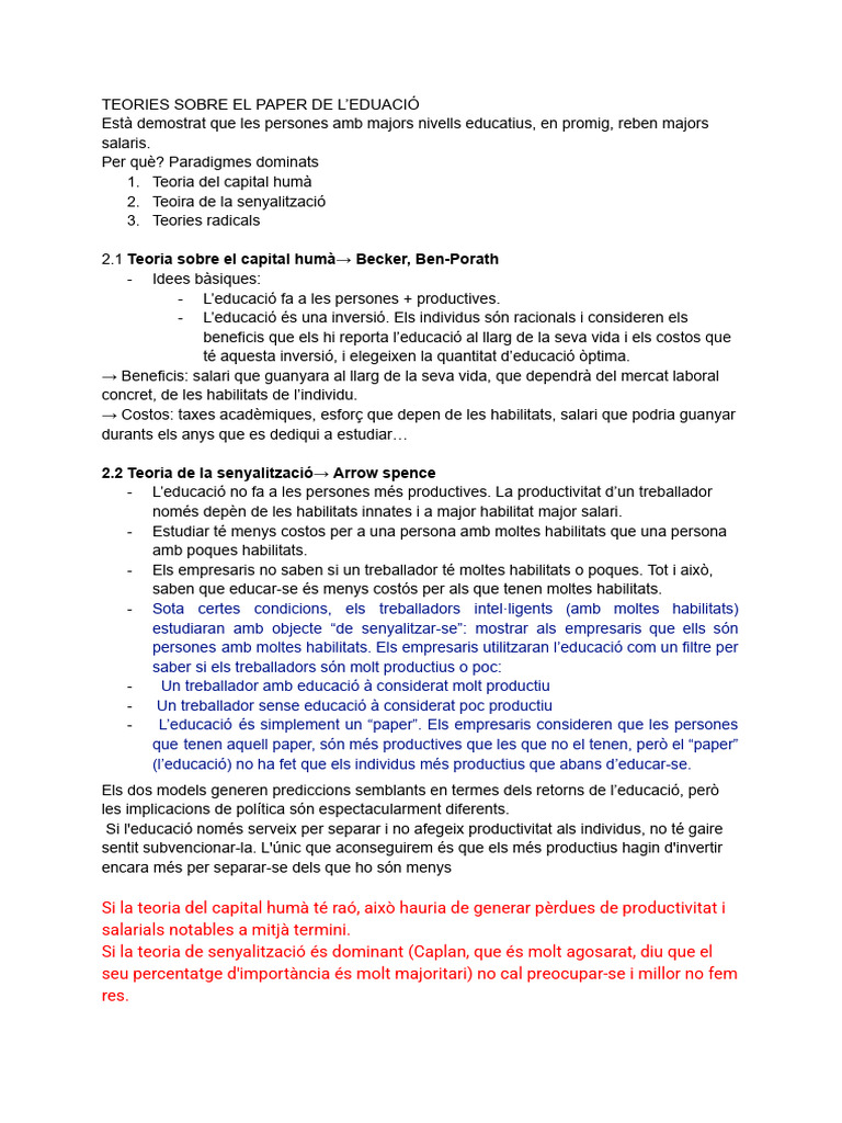 Teories Sobre El Paper de L'eduació | PDF