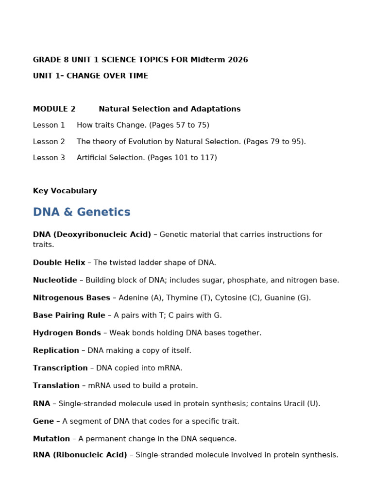 Grade 8 Midterm Exam Topics 2026 | PDF | Rna | Dna