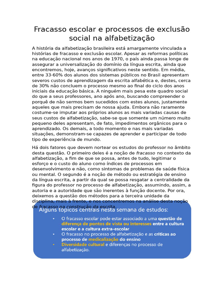 Fracasso Escolar e Processos de Exclusão Social Na Alfabetização | PDF
