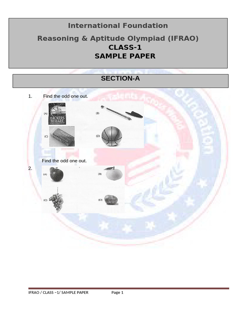 Sample Paper Class -1 | PDF | Shape | Chess Openings