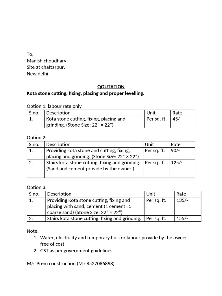 Kota Stone Installation Quotation | PDF