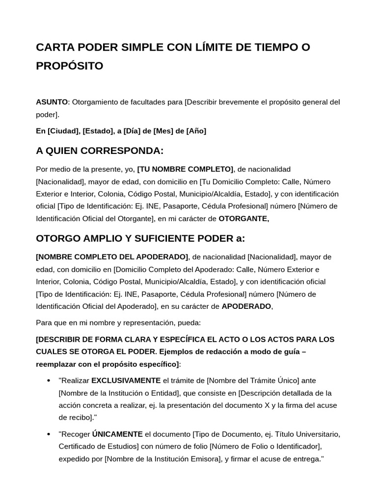 Carta Poder Simple Modelo General Con Limitacion | PDF
