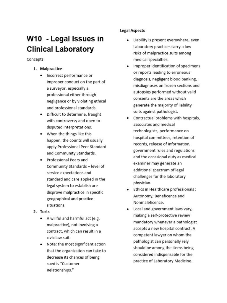 W10 Legal Issues in Clinical Laboratory | PDF | Pathology | Medical ...