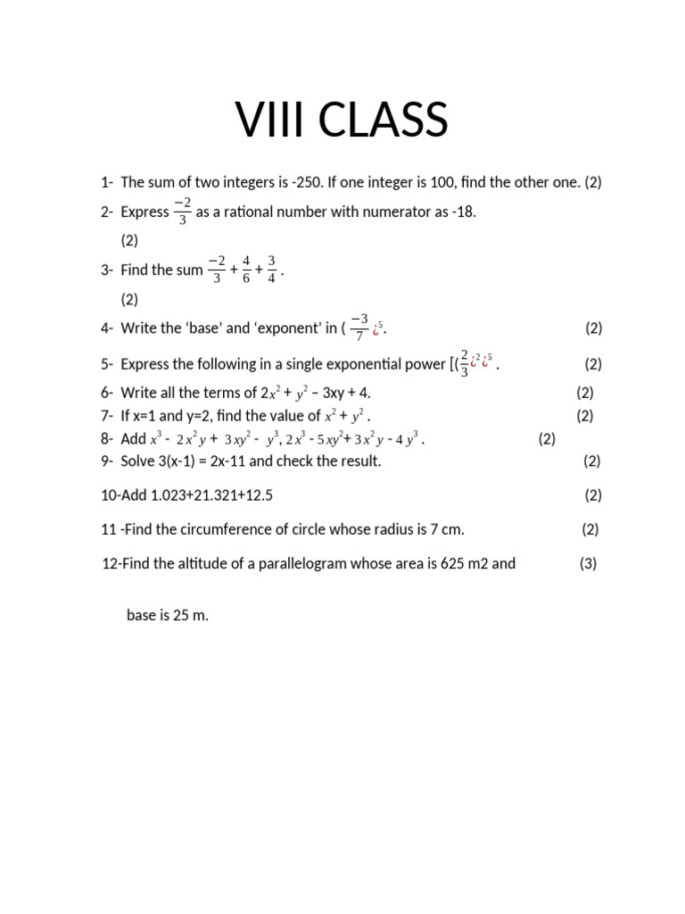 8th Grade Math Problem Set | PDF